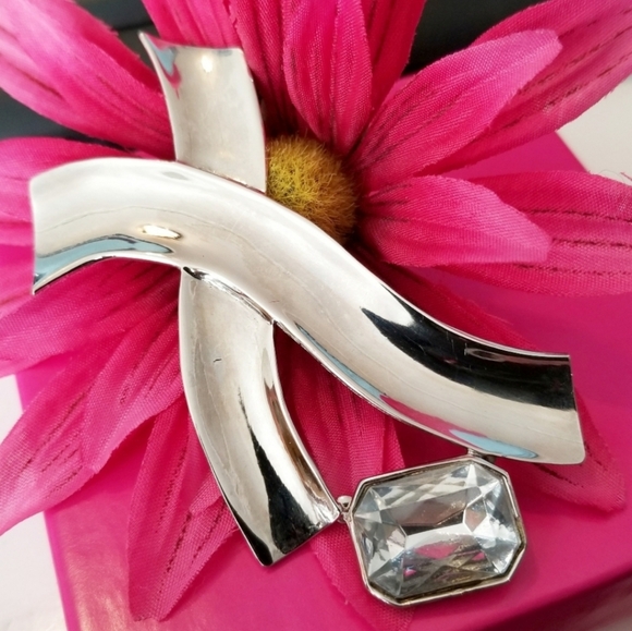 Vintage | Jewelry | Vintage Large X Brooch Silver Tone Clear Gem Pin ...